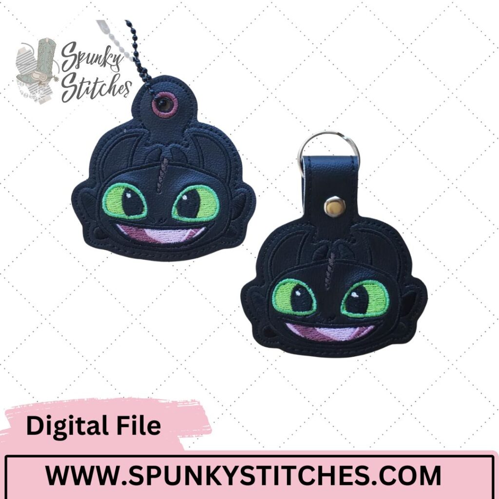 Black Night Dragon Fob and Zipper Pull In The Hoop Embroidery File