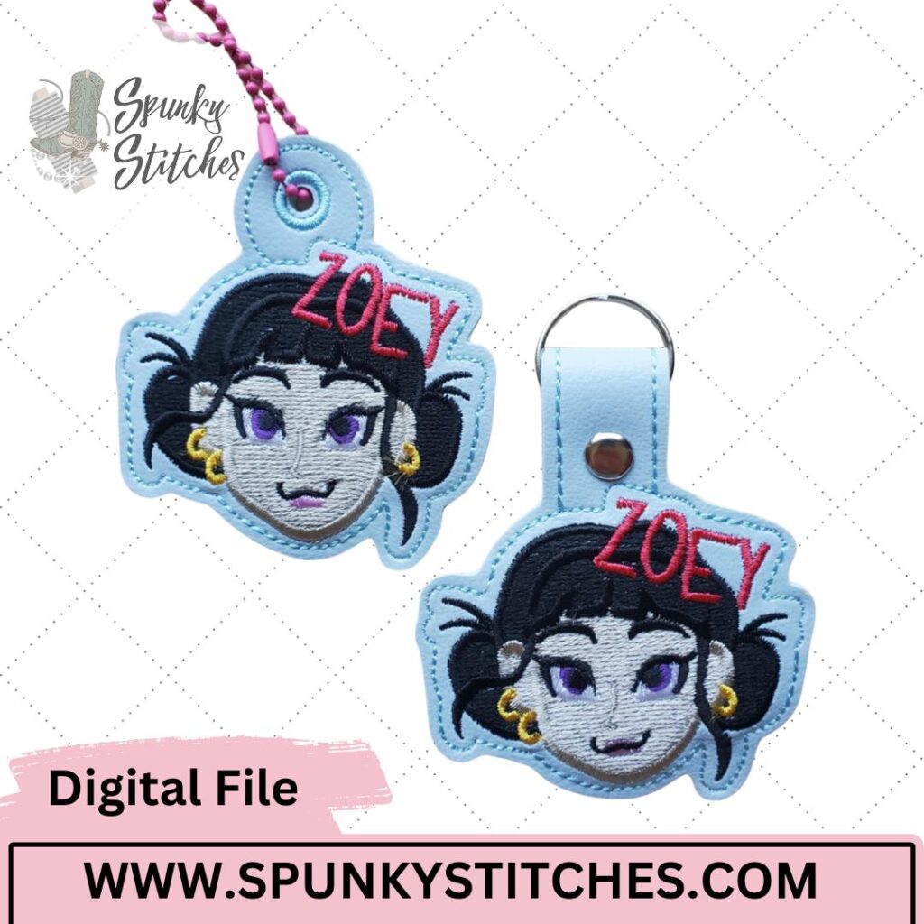 Zoey Key Fob and Zipper Pull In The Hoop Embroidery File